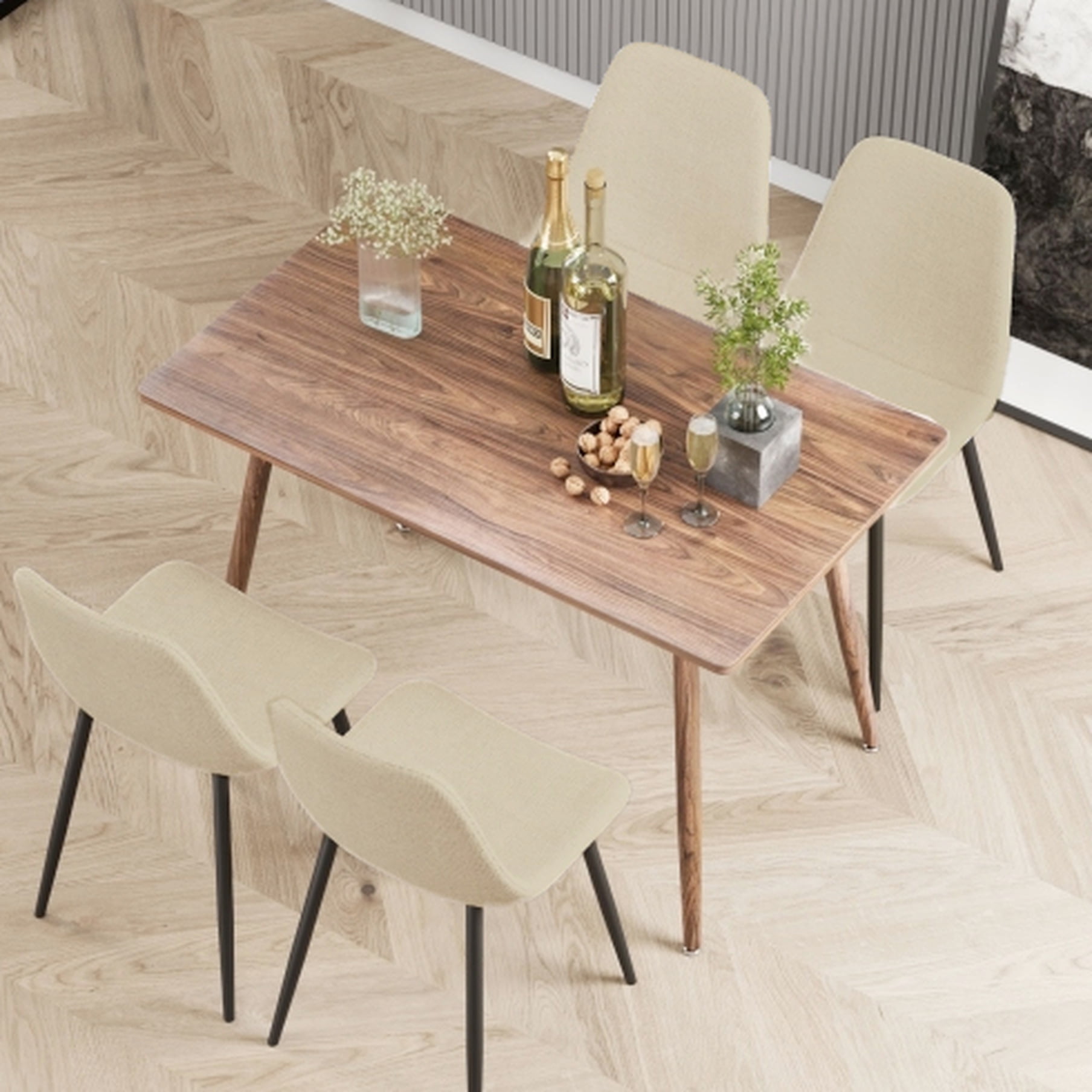 47" Dining Table - Walnut Color Metal Legs, Beige Chairs, And Scratch ...