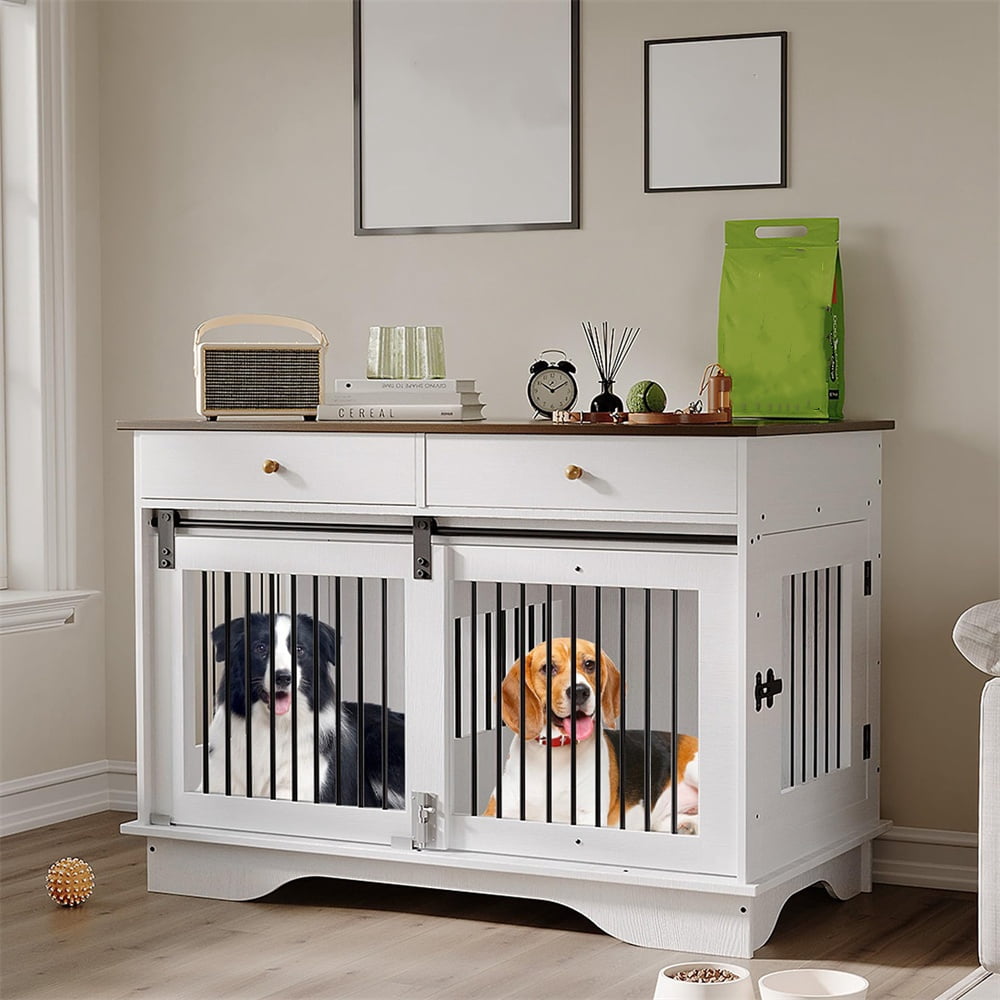 47" Dog Furniture Crate, Large Furniture Style Dog Crate w/ 2 Storage ...