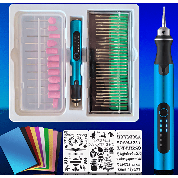 47 Engraving Bits USB Cordless Engraver Pen Kit, 10 Metal Card Blanks ...