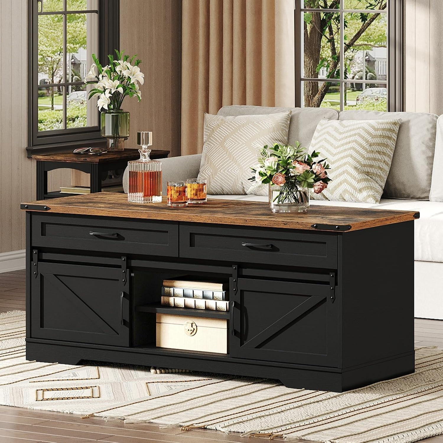 47" Farmhouse Coffee Table with Storage and 2 Drawers, Large Rustic ...