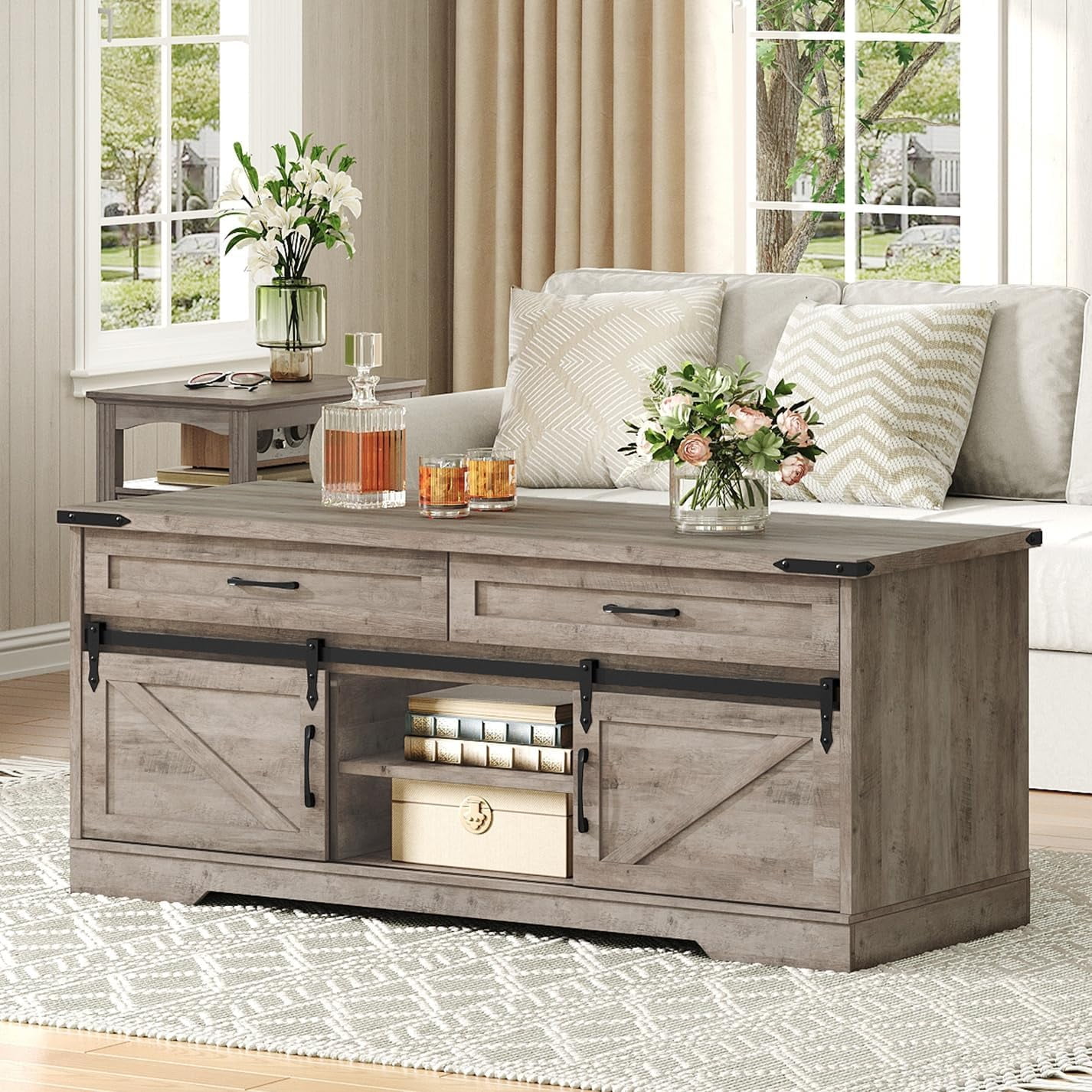 47" Farmhouse Coffee Table with Storage and Sliding Barn Doors, Large ...
