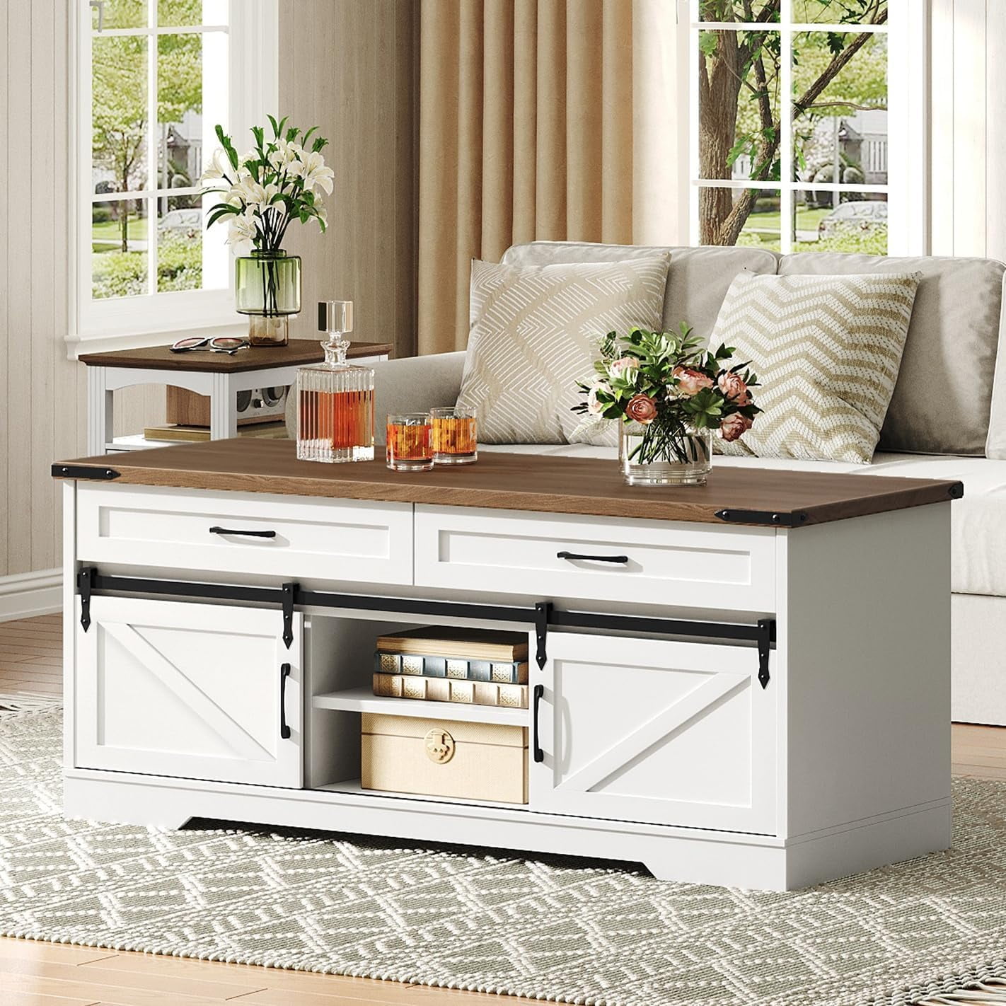 47" Farmhouse Coffee Table with Storage and Sliding Barn Doors, Large ...