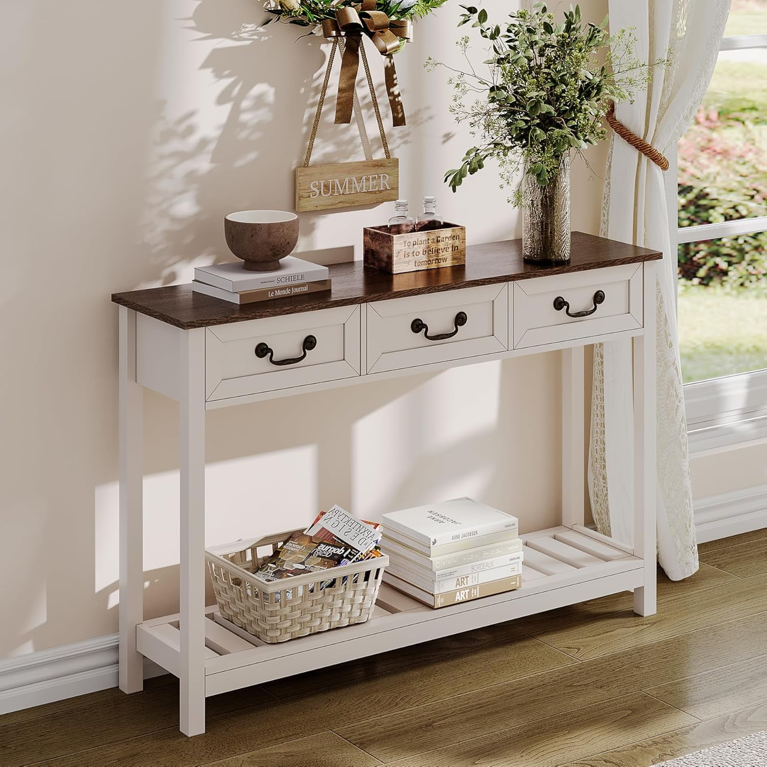 47" Farmhouse Console Table with 3 Drawers, Rustic Entryway Table ...