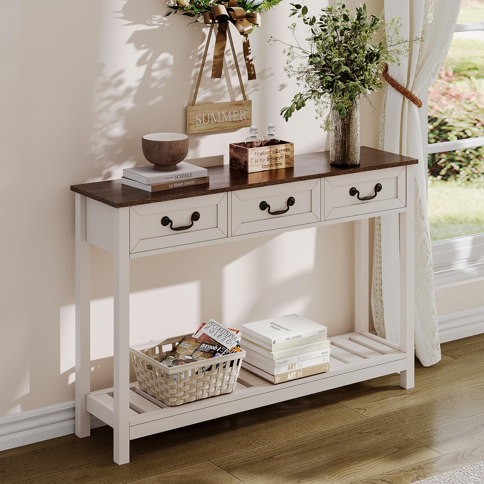 47" Farmhouse Console Table with 3 Drawers, Rustic Entryway Table ...