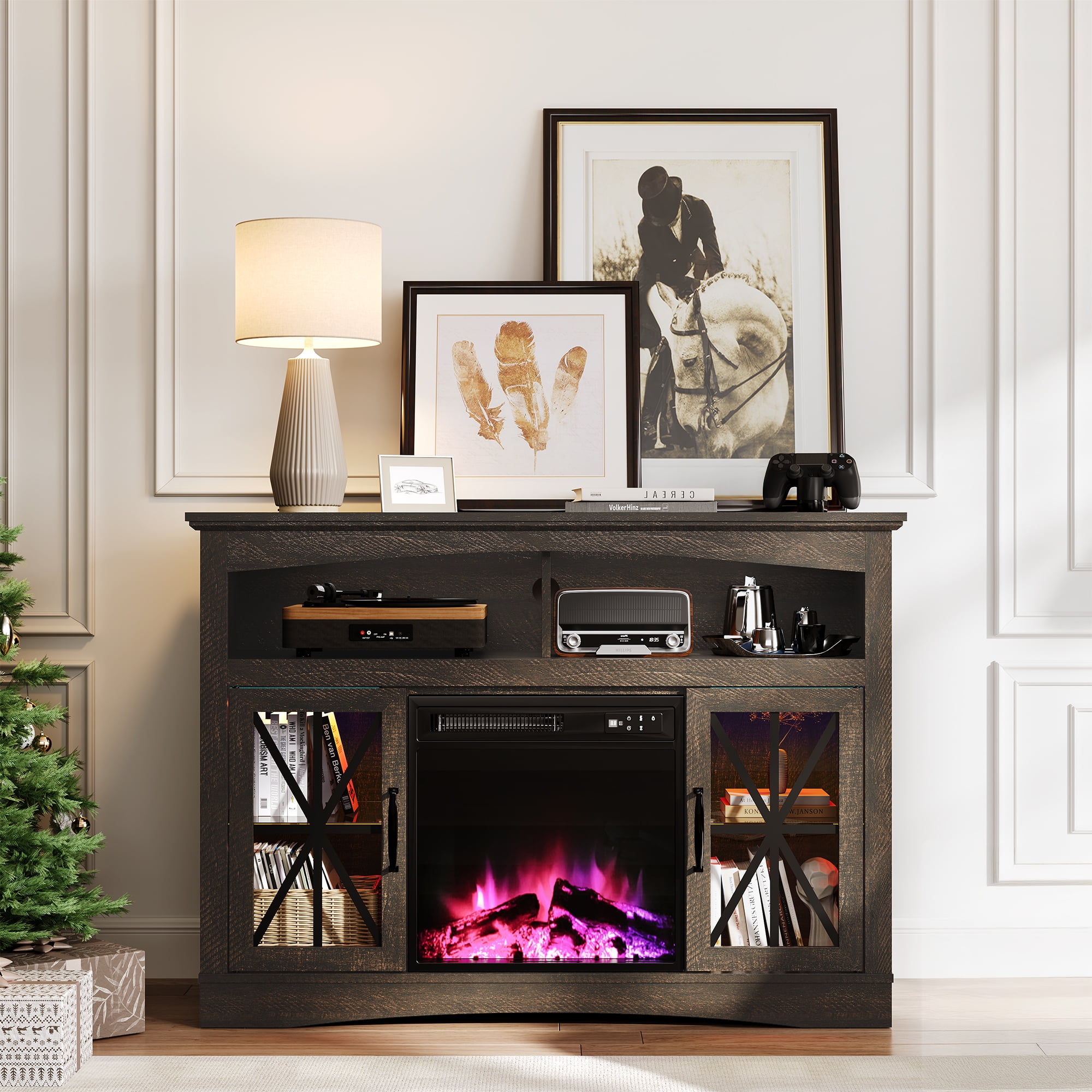 47'' Farmhouse TV Stand with 18'' Fireplace Insert, TV Console with ...