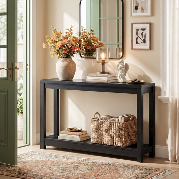 47" Farmhouse Wood Narrow Console Table with Open Storage Shelves ...