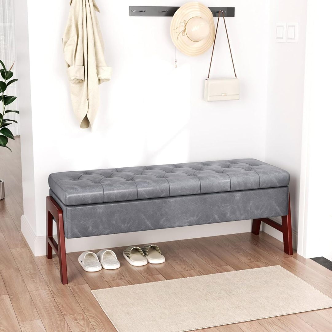 47" Faux Leather Storage Ottoman Bench, Rectangular Multi-Functional ...