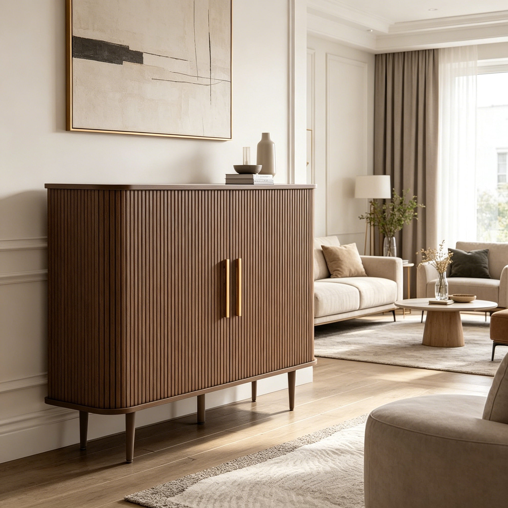 47" Fluted Buffet Cabinet with Tambour Sliding Doors, Modern Sideboard ...