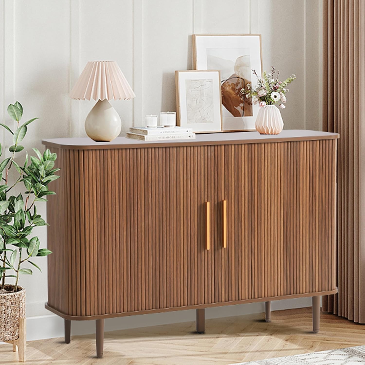 47" Fluted Buffet Cabinet with Tambour Sliding Doors, Sideboard Buffet Cabinets with Storage ...