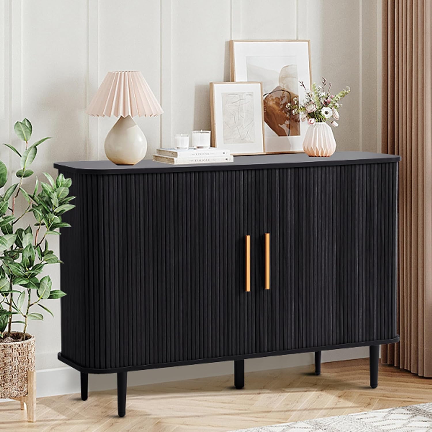 47" Fluted Buffet Cabinet with Tambour Sliding Doors, Sideboard Buffet ...