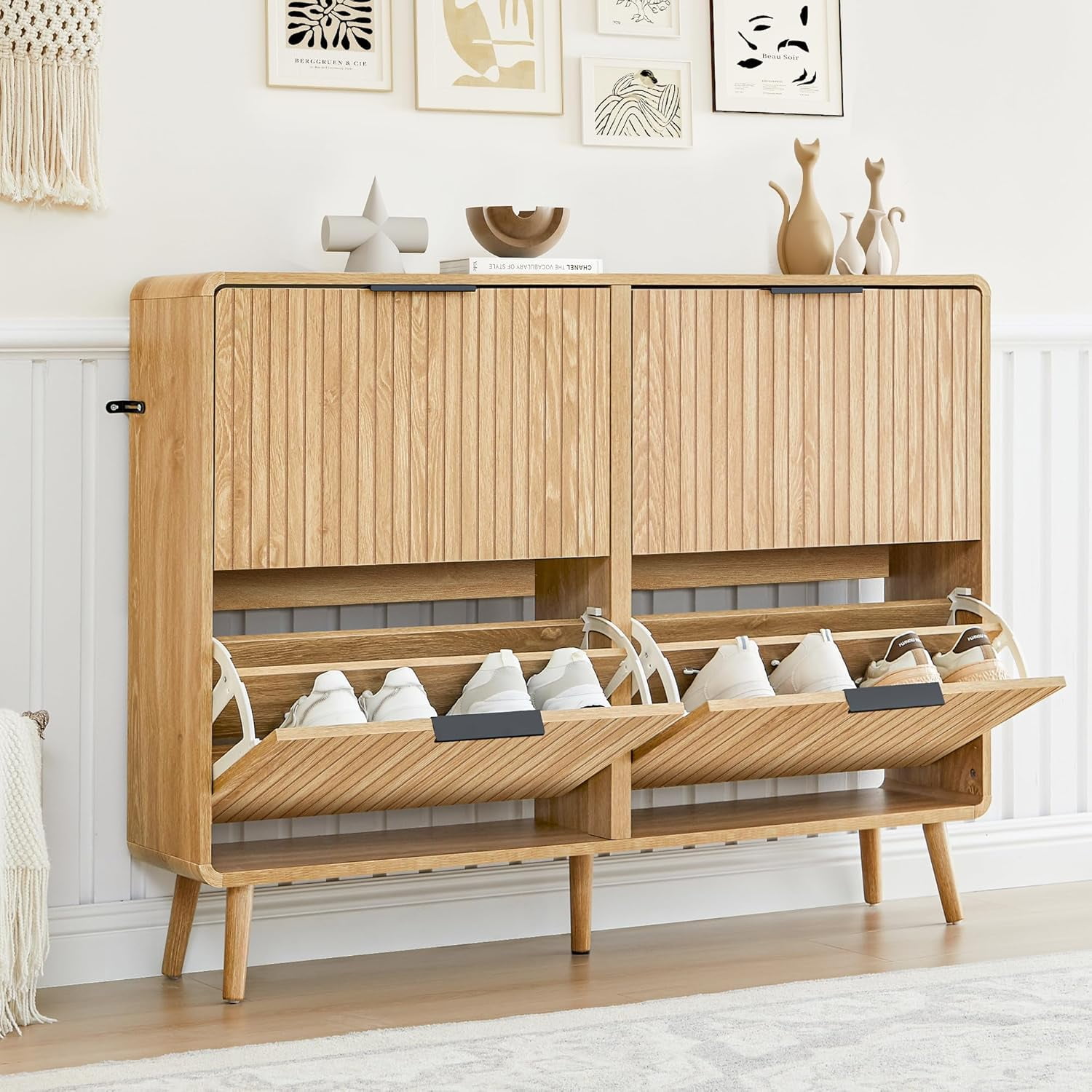 47" Fluted Large Shoe Cabinet with 4 Flip Drawers, Slim Freestanding ...