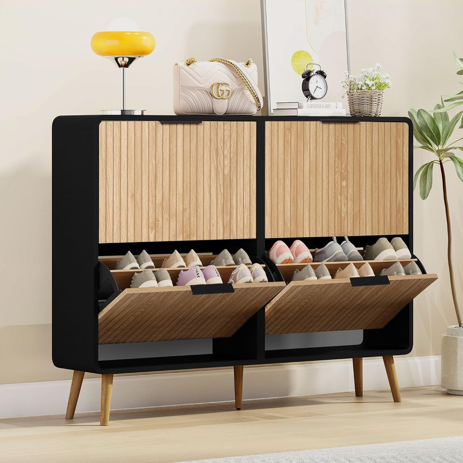 47" Fluted Large Shoe Cabinet with 4 Flip Drawers, Slim Freestanding ...