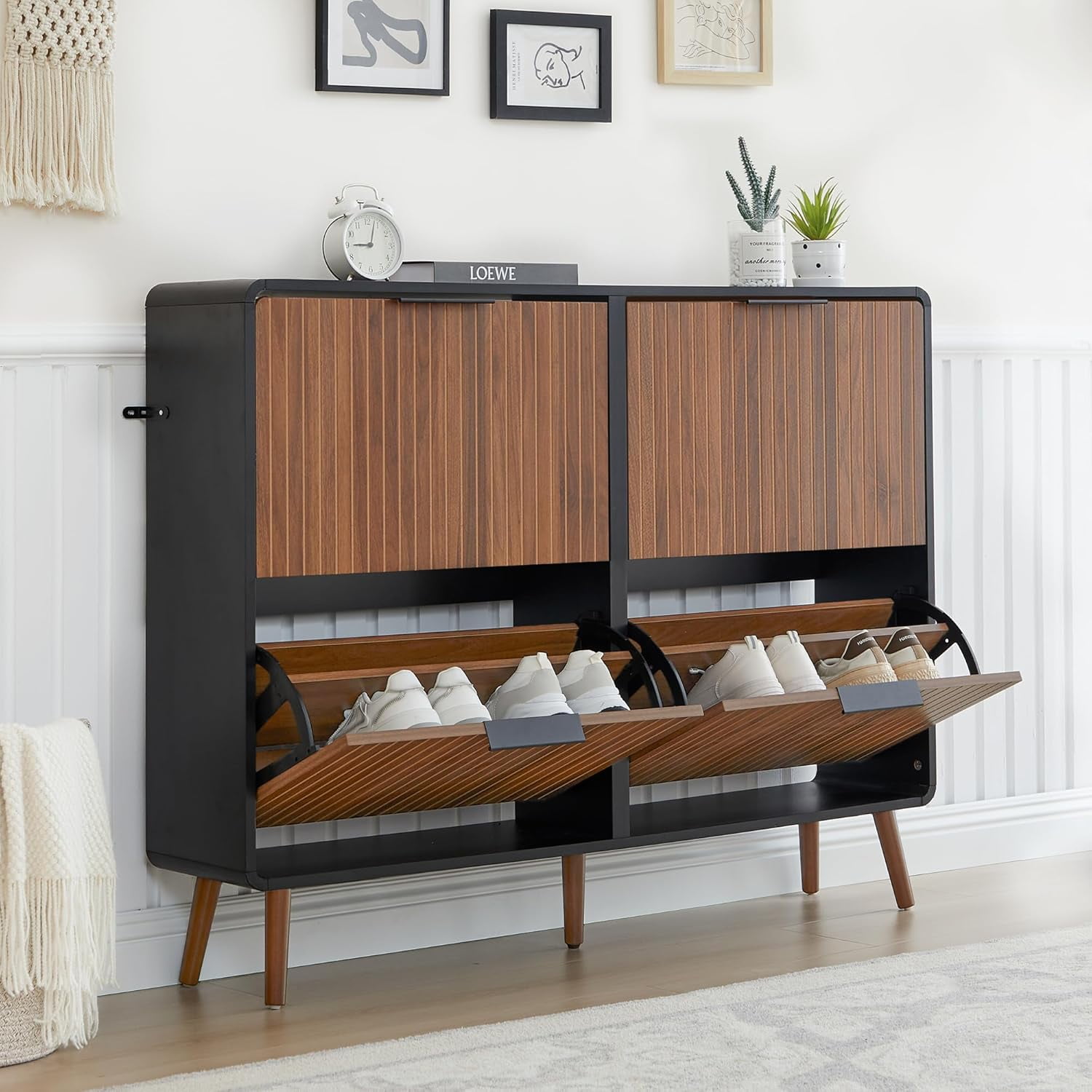 47" Fluted Large Shoe Cabinet with 4 Flip Drawers, Slim Freestanding ...