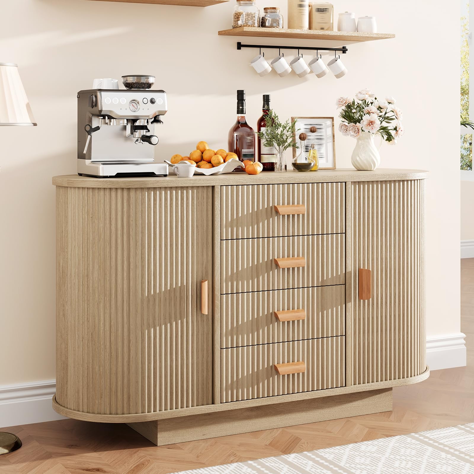 47" Fluted Sideboard Storage Cabinet, Credenza Kitchen Buffet Table with 4 Drawers and 2 Arched ...