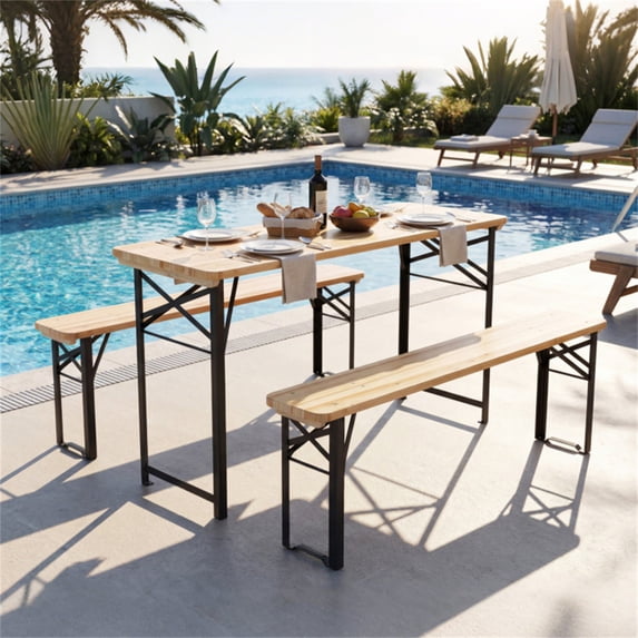 47" Foldable Picnic Table with 2 Benches, Solid Fir Wood Outdoor Dining ...