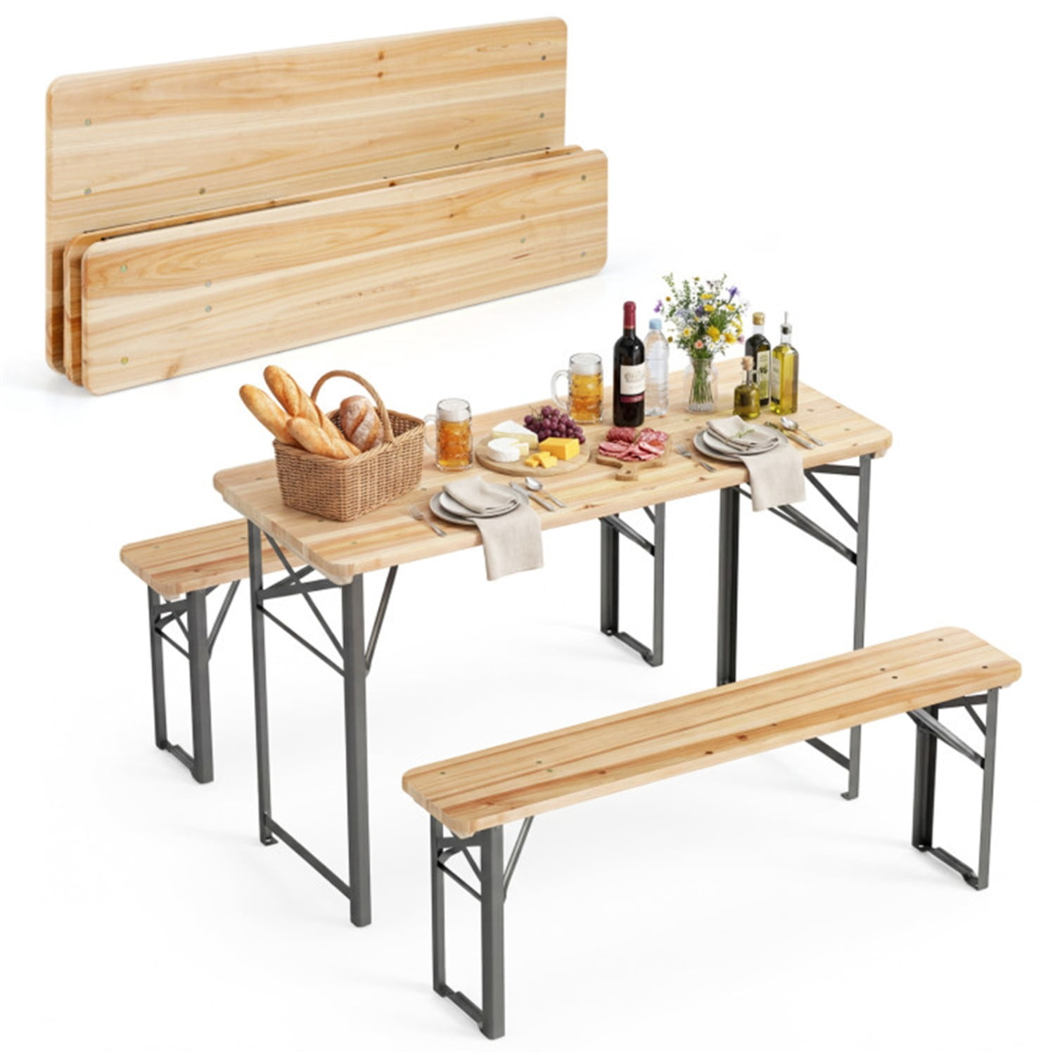 47" Foldable Picnic Table with 2 Benches, Solid Fir Wood Outdoor Dining ...