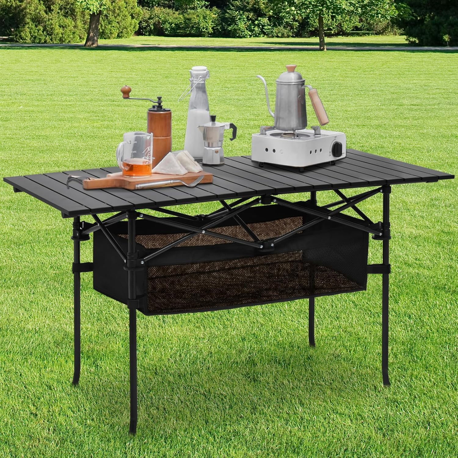 47" Folding Camping Table with Storage Basket, Portable Picnic Table ...