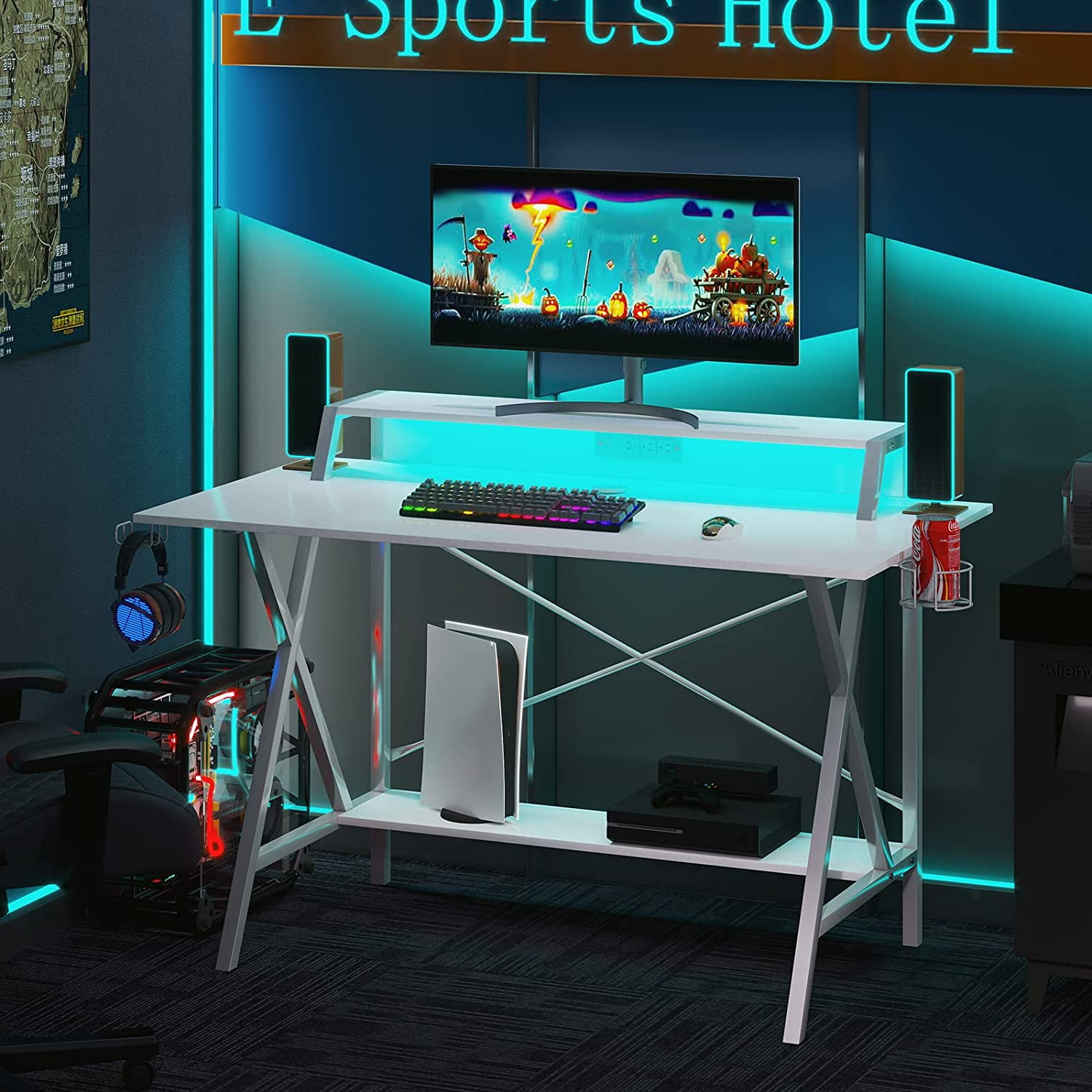 47" Gaming Desk with Led Lights and Power Outlet, PC Computer Desk ...