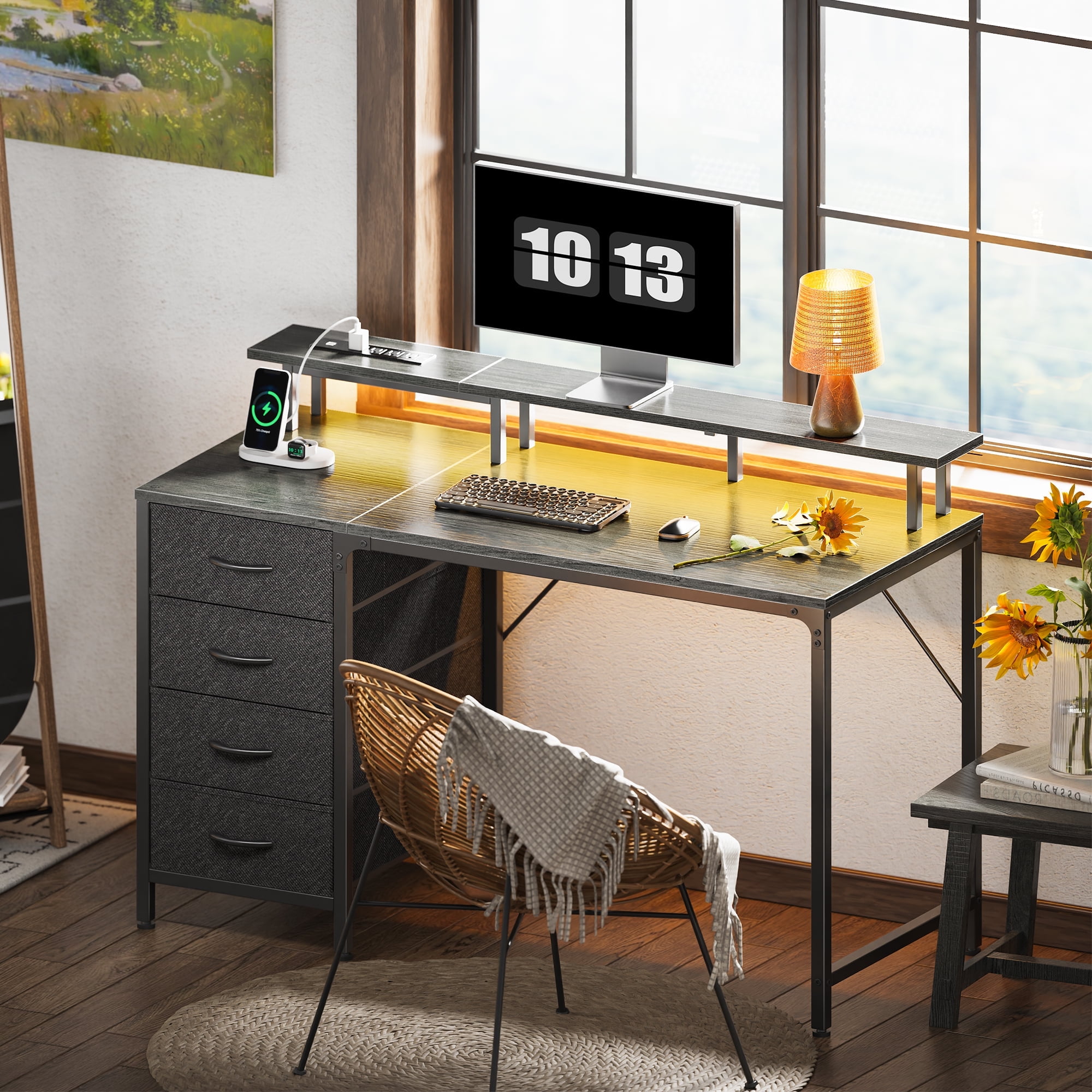 SUPERJARE Desk with Drawers, 47" Gaming Desk with LED Lights, Computer ...