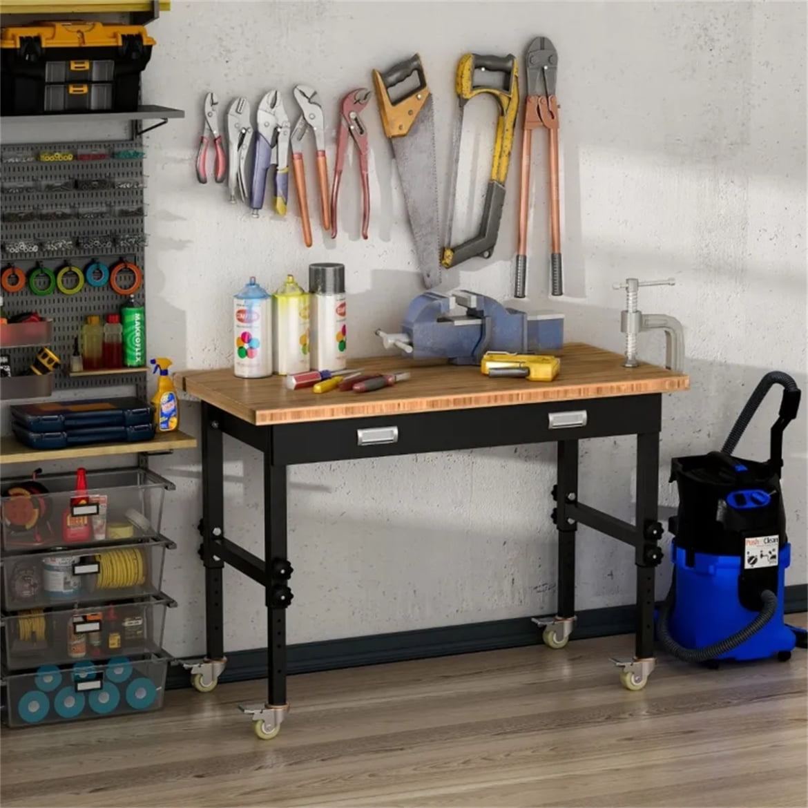 47" Garage Work Bench with Drawer, Lockable Wheels & Height Adjustable ...
