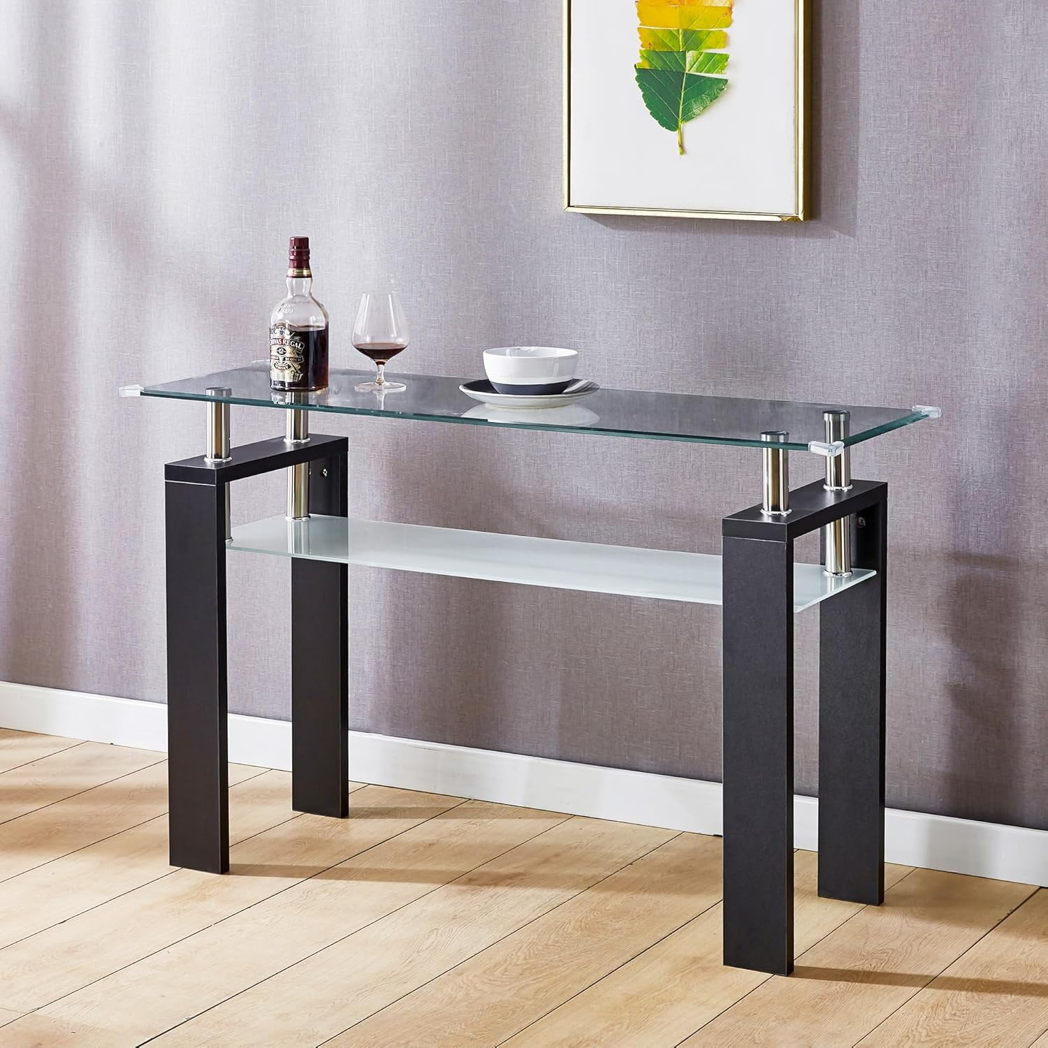 47" Glass 2-Tier Console Table, Modern Rectangle Sofa Table with Metal ...