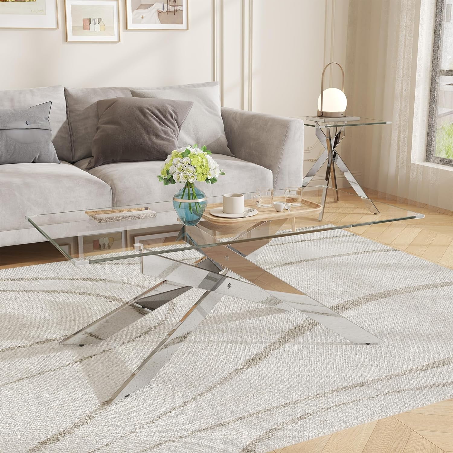 47" Glass Coffee Table with Tempered Glass Top and Silver Metal Legs ...