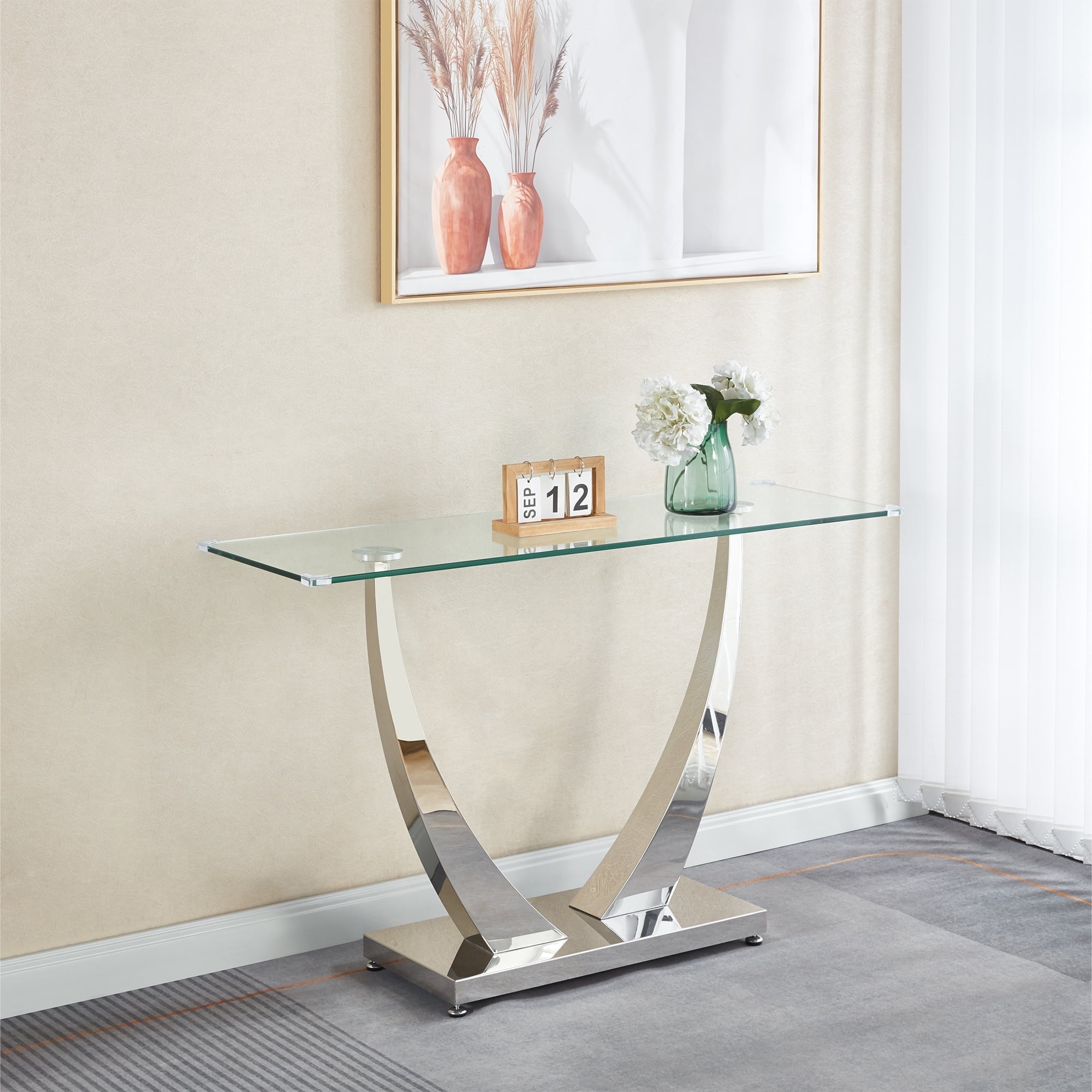 47" Glass Console Entryway Table, Modern Accent Entrance Desk with 0.39 ...