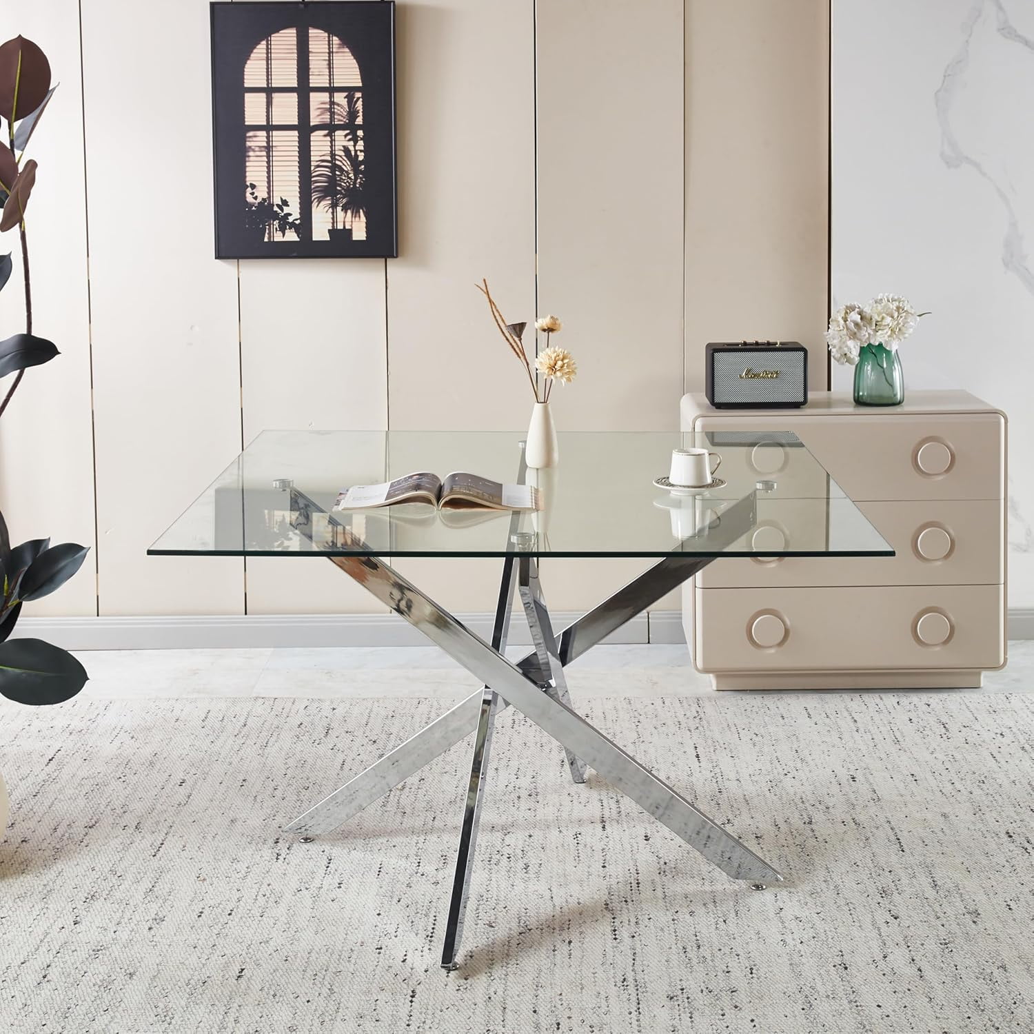 47" Glass Dining Table for 2-6, Contemporary Square Dining Room Table ...