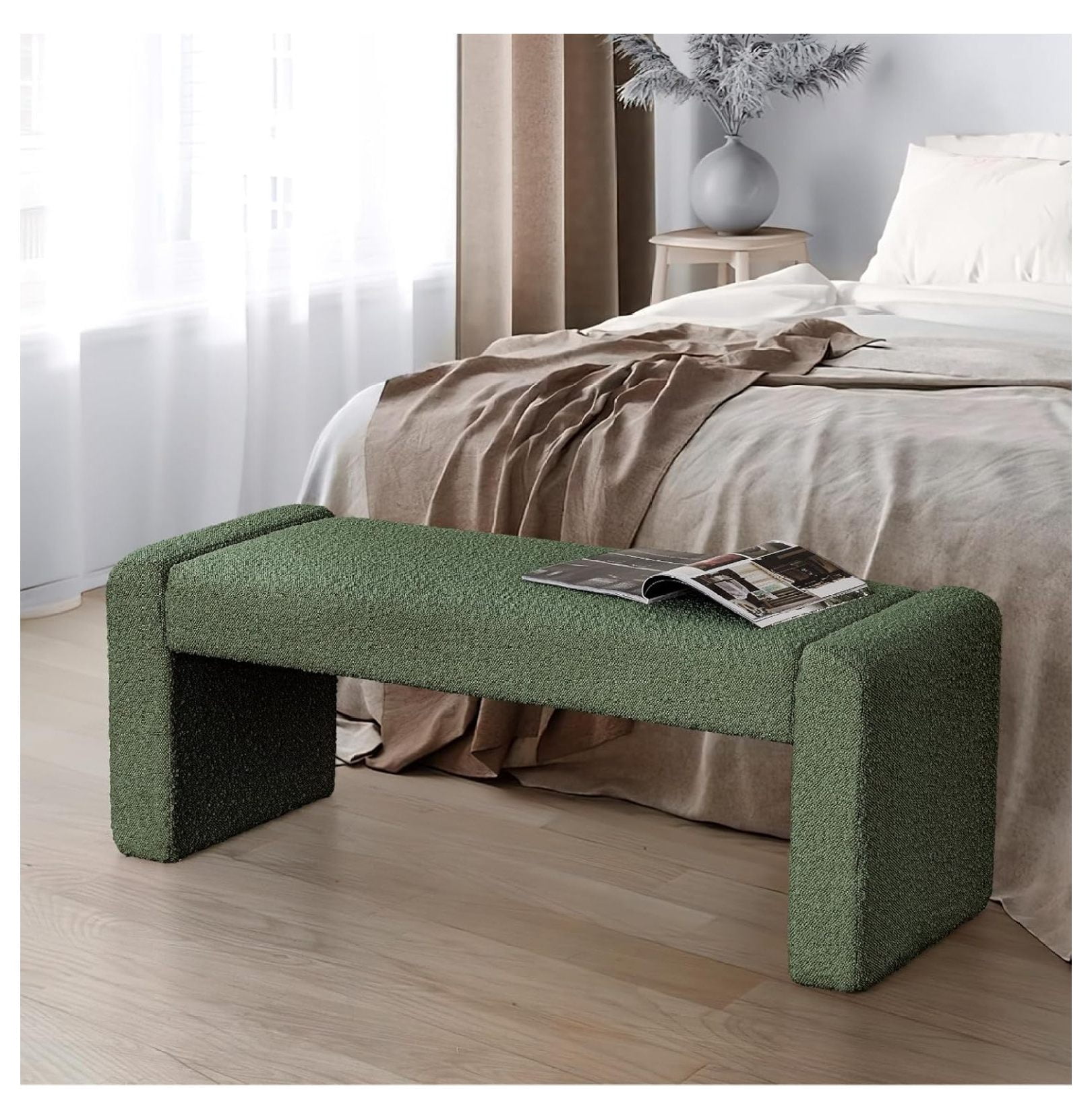 47" Green Boucle Bedroom Bench, Modern Teddy Upholstered End of Bed ...