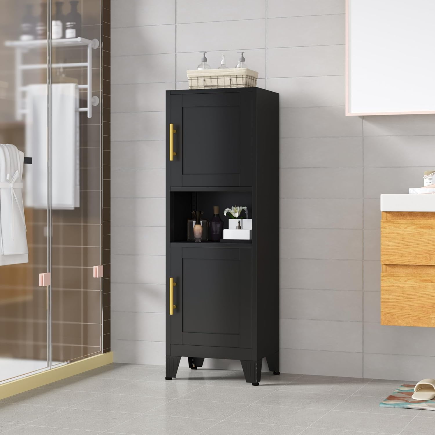 47”H Metal Narrow Bathroom Storage Cabinet,Hollow Texture Storage ...