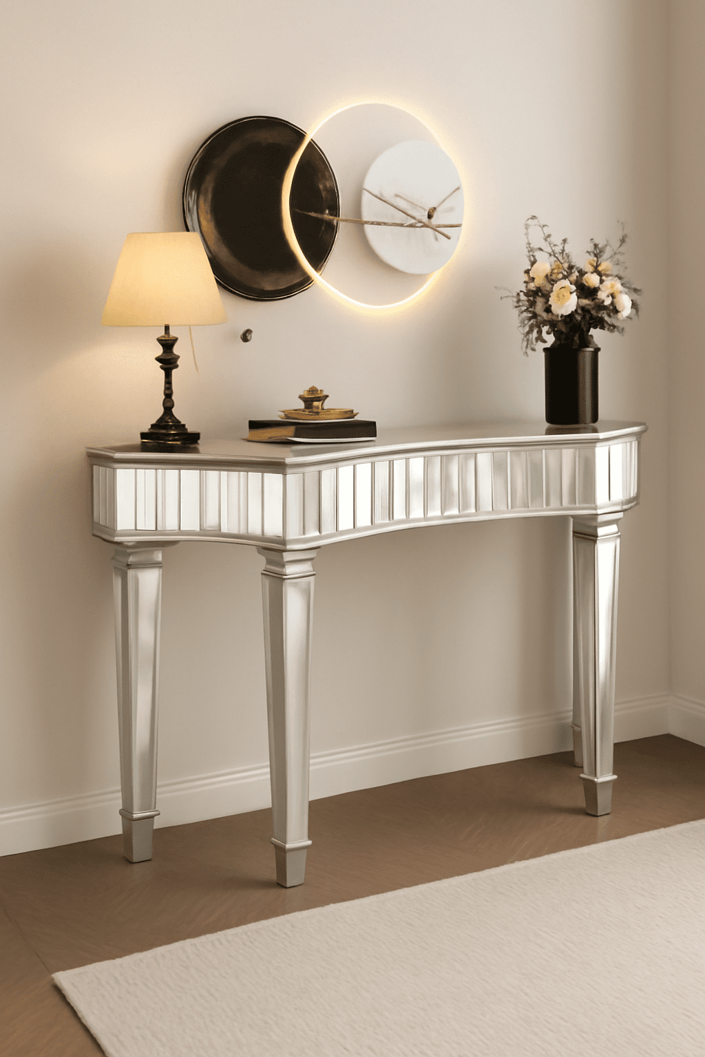 47" Half-Moon Mirrored Console Table with Fluted Glass & Crystal Knob ...