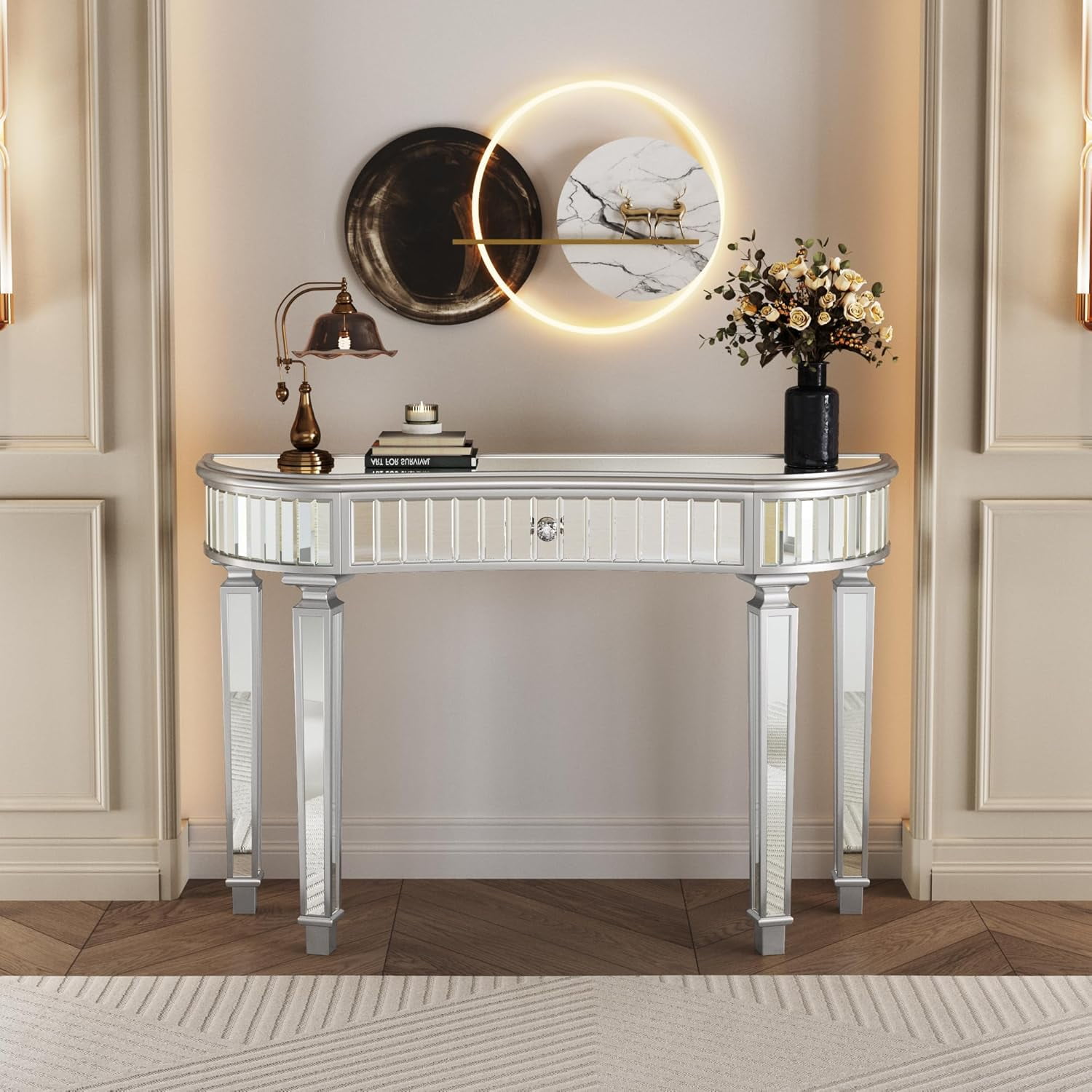 47" Half-Moon Mirrored Console Table with Fluted Glass & Crystal Knob ...