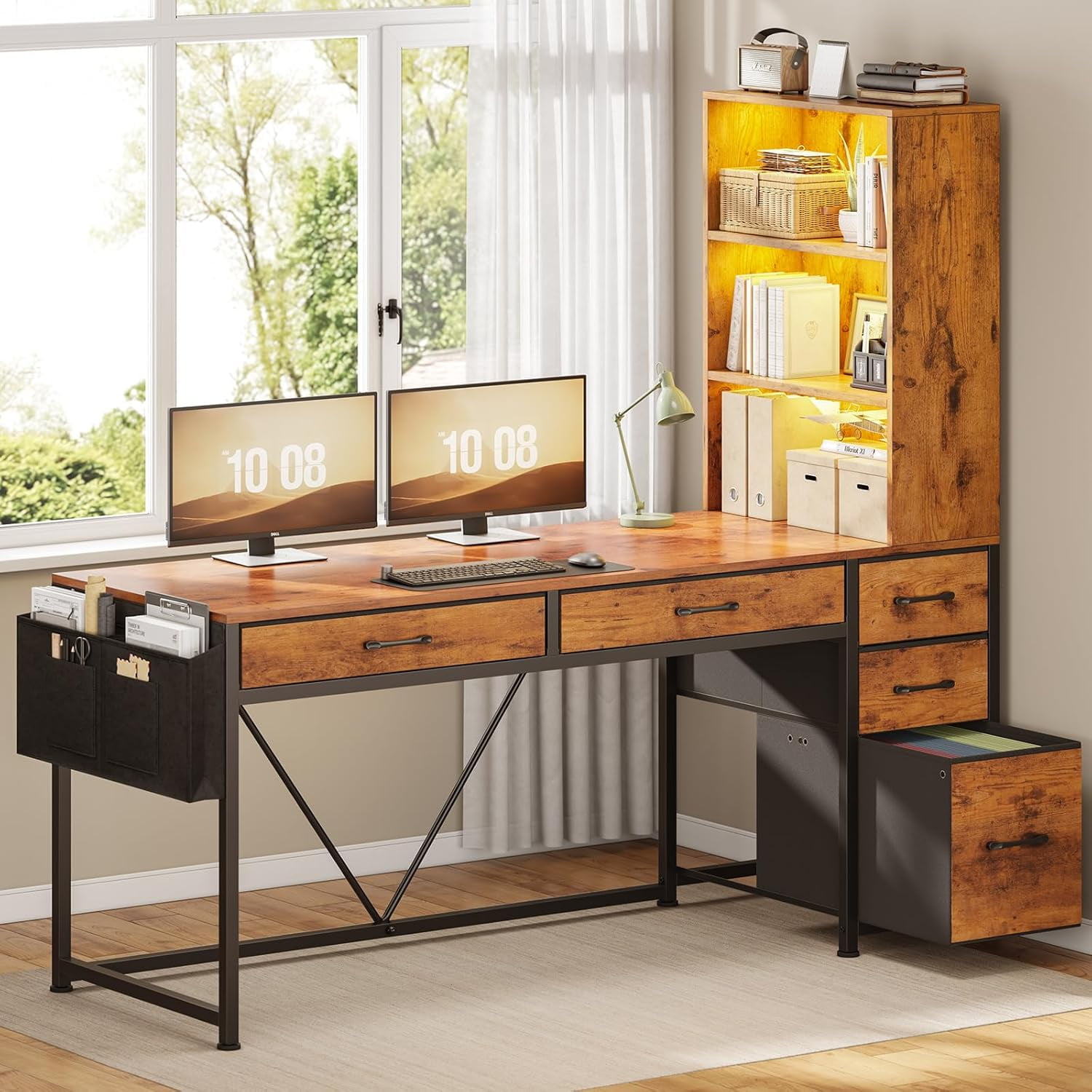 47" Home Office Desk with Bookcase & Storage Bag, Reversible Computer ...