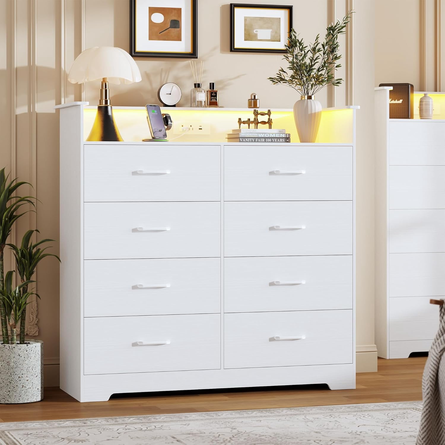 47 Inch 8 Drawer Dresser with LED Lights & Charging Station, Large TV ...