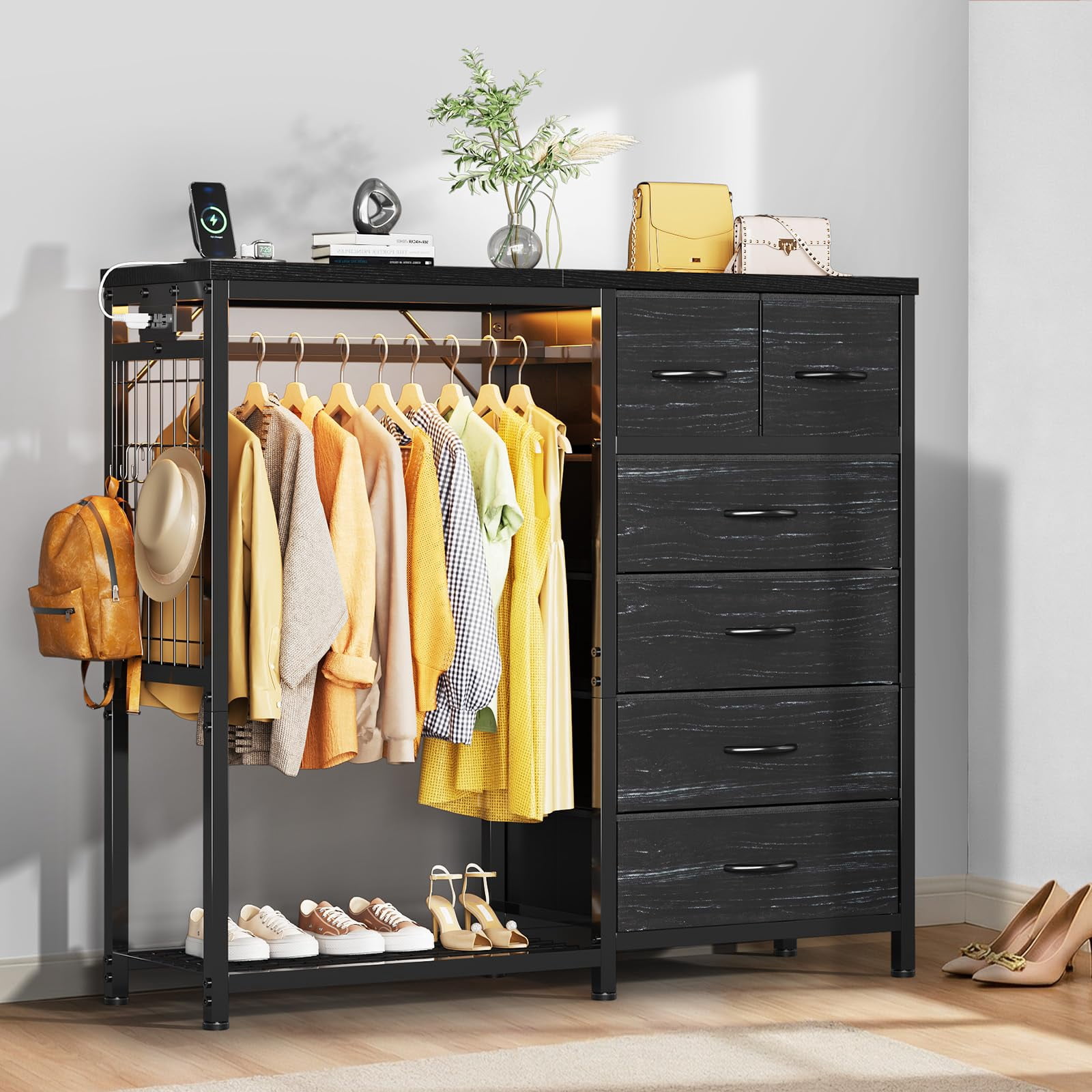 47 Inch Black Tall Dresser Storage Cabinet, 6 Fabric Drawer LED ...