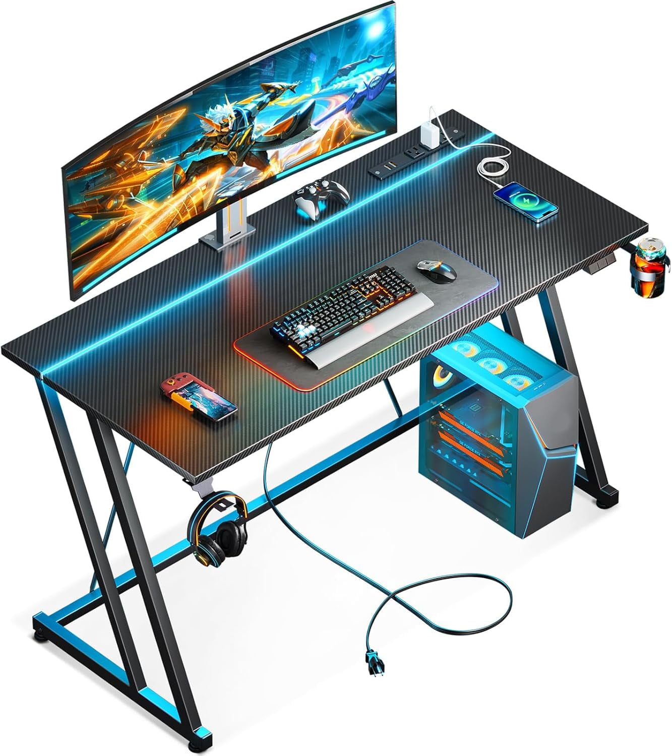 47 Inch Compact Gaming Desk with LED Lights & Power Outlets, Carbon ...
