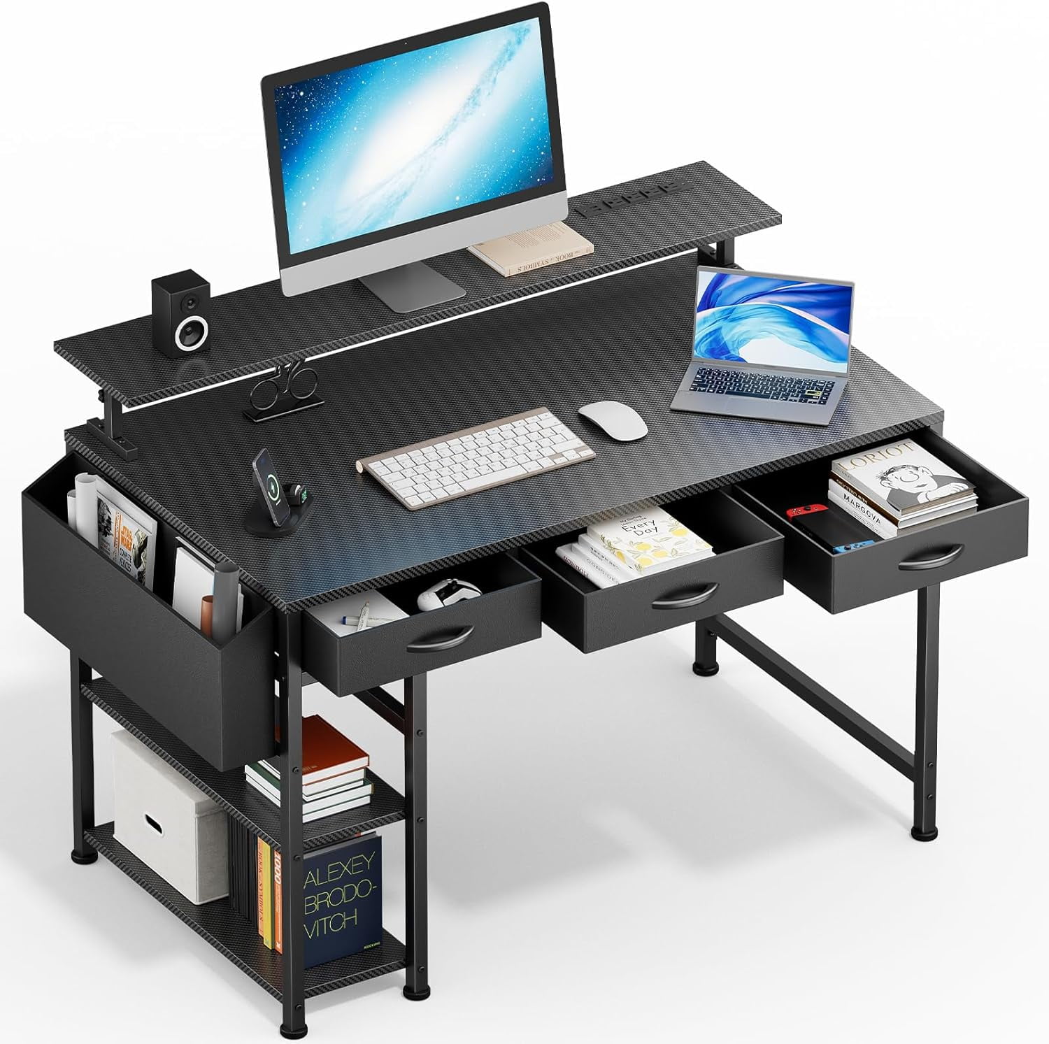 47-Inch Computer Desk with 3 Drawers, Gaming Table with LED Lights and ...