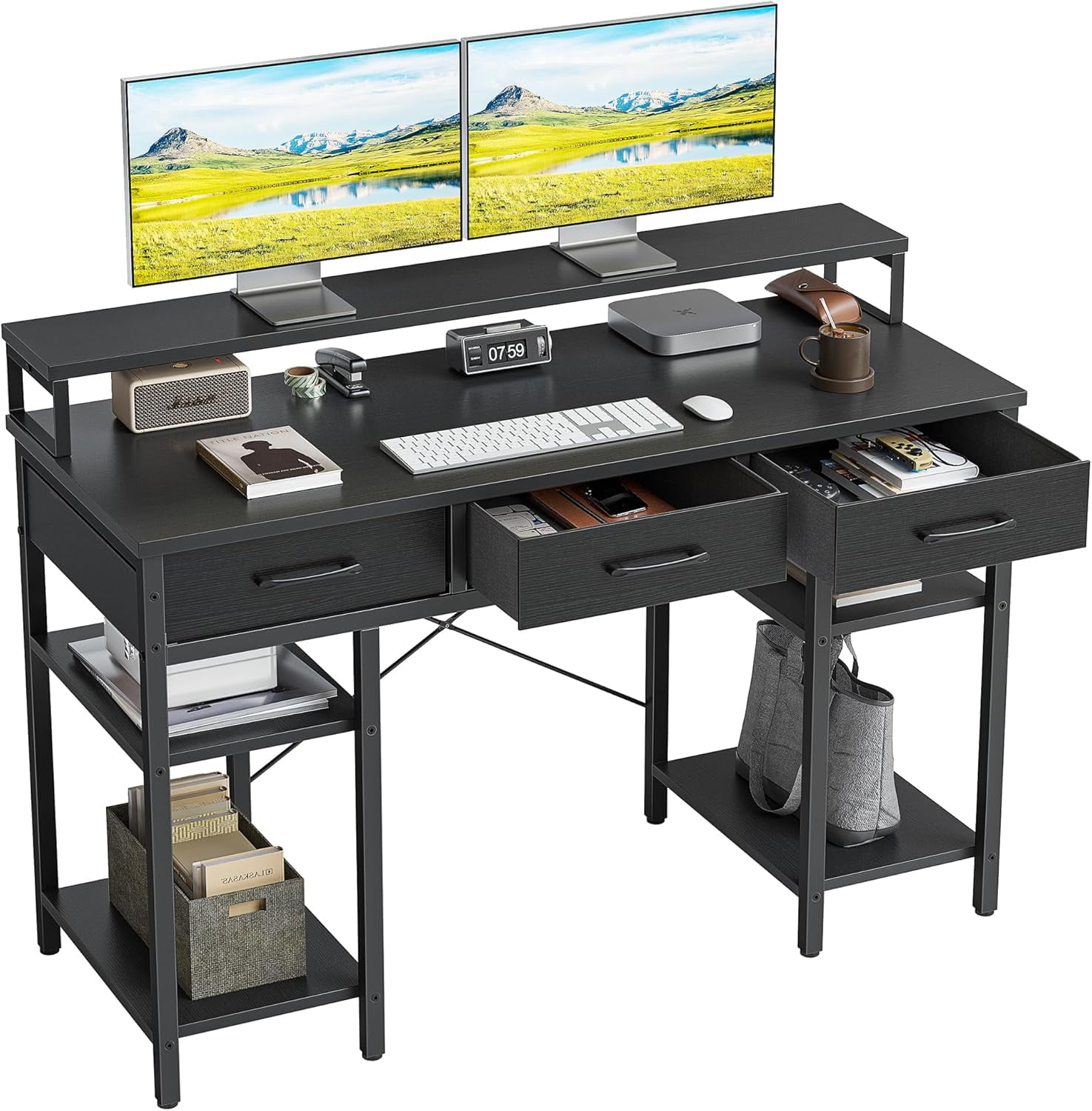 47 Inch Computer Desk with 3 Drawers and Storage Shelves, Small Home ...