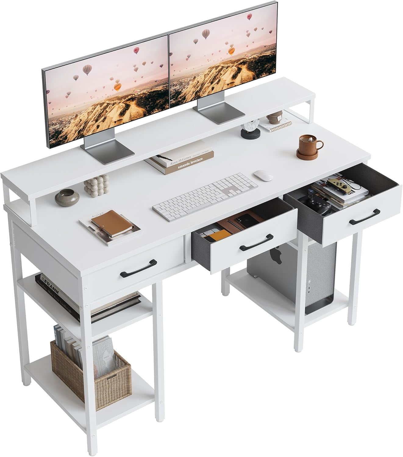 47 Inch Computer Desk with 3 Drawers and Storage Shelves, Small Home ...
