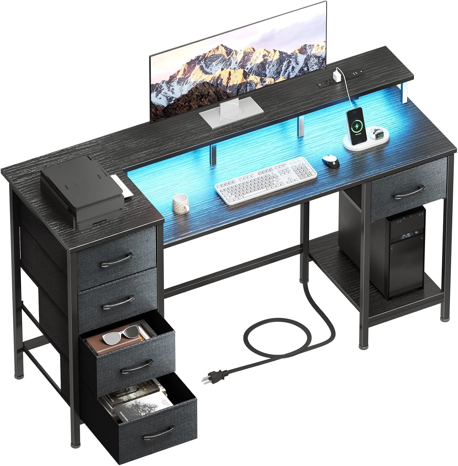 47 Inch Computer Gaming Desk with Power Outlets & LED Lights Reversible ...