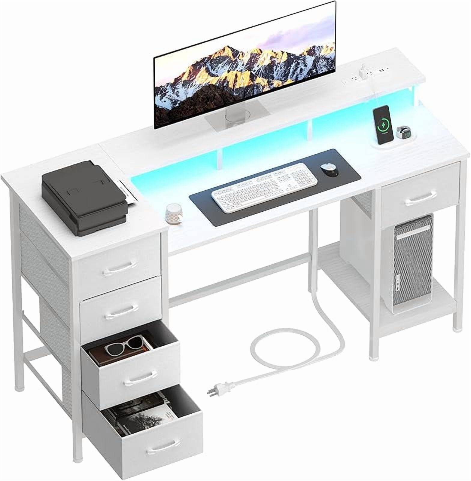 47 Inch Computer Gaming Desk with Power Outlets & LED Lights Reversible ...