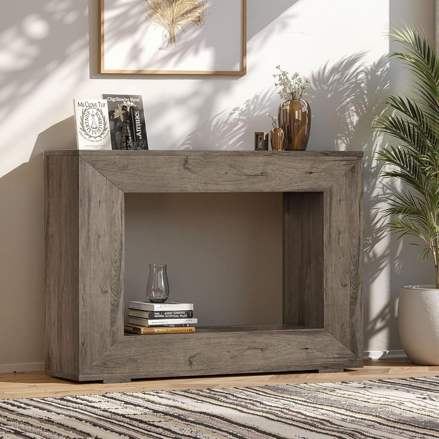 47 Inch Entryway Table, 2-Tier Rustic Wooden Rectangular Console Table ...