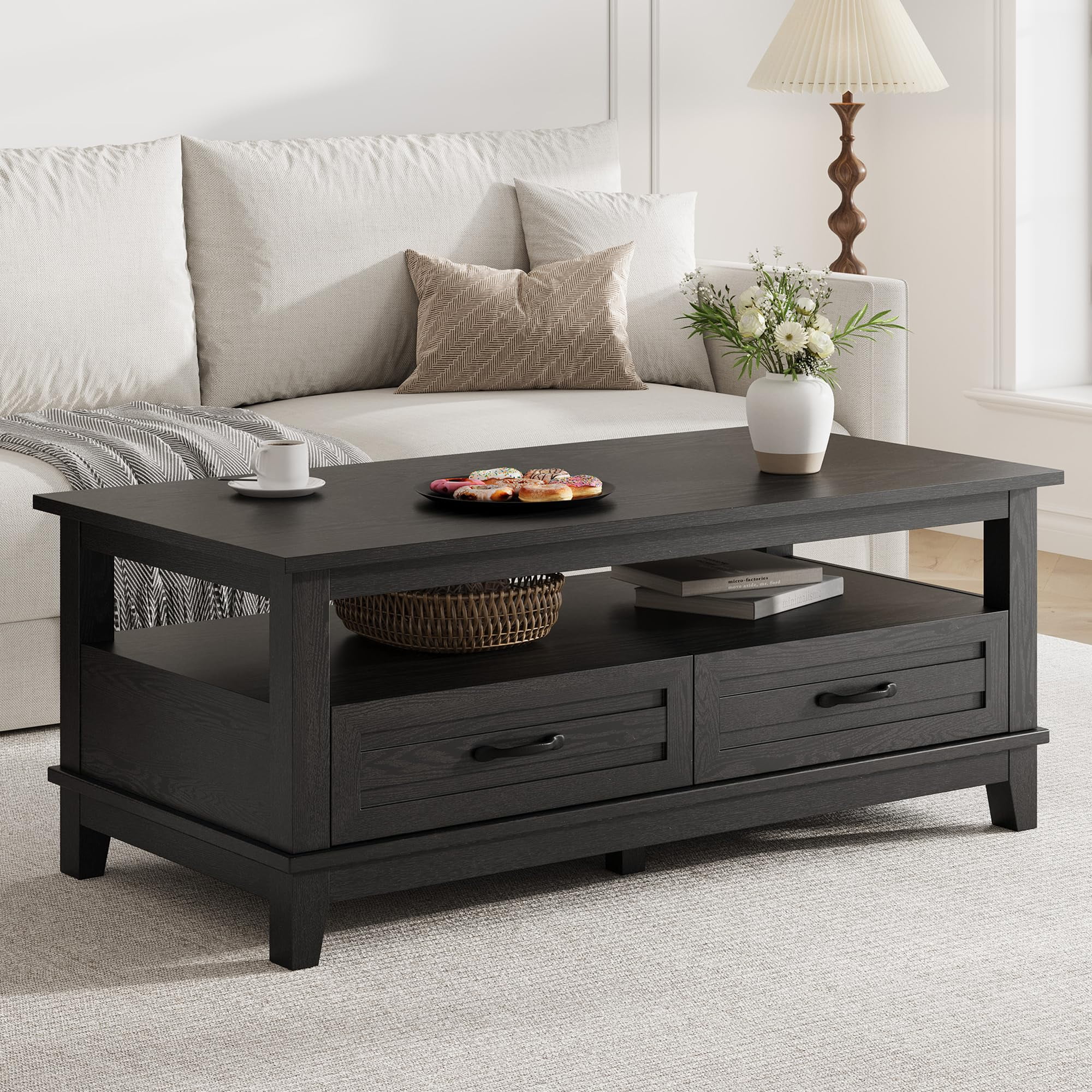 47 Inch Farmhouse Coffee Table, Rustic Wood Center Table with 2 Storage ...