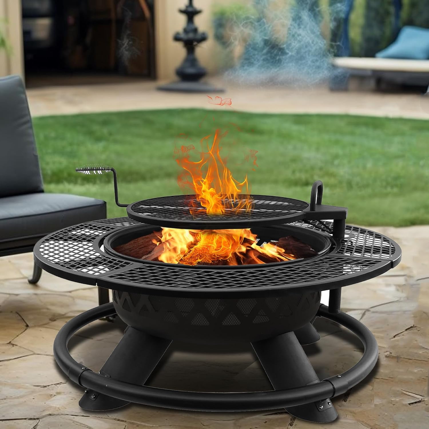 47 Inch Fire Pit for Outside, Wood Burning Firepit with BBQ Grill, Outdoor Metal Fire Pits ...