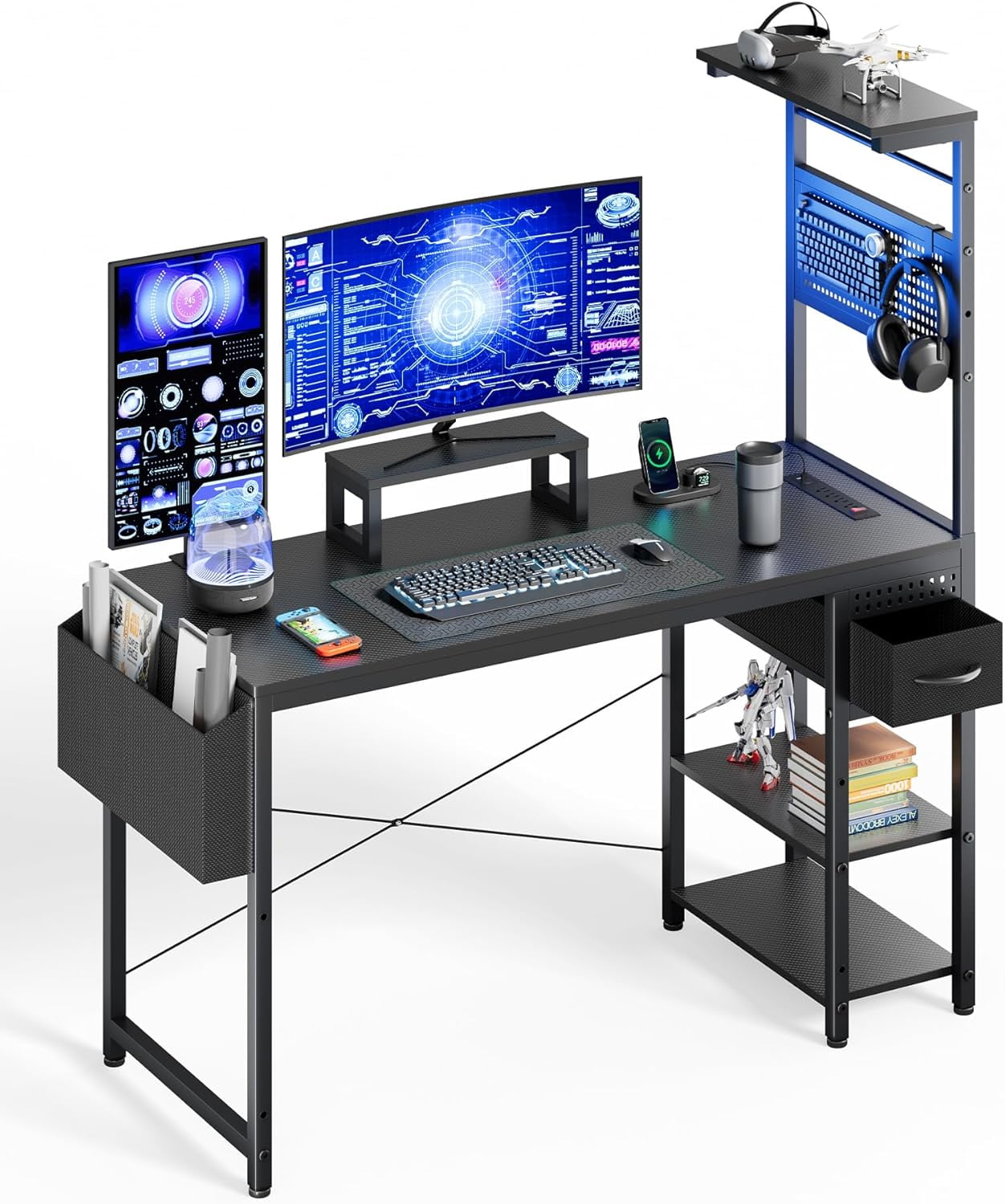 47 Inch Gaming Desk, Computer Desk with Adjustable Storage Rack & LED ...