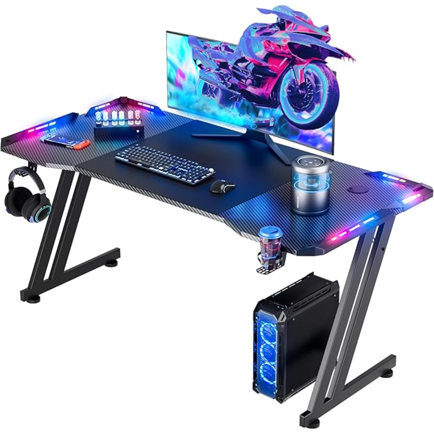 47 Inch Gaming Desk with LED Lights Carbon Fibre Surface Gaming Table ...