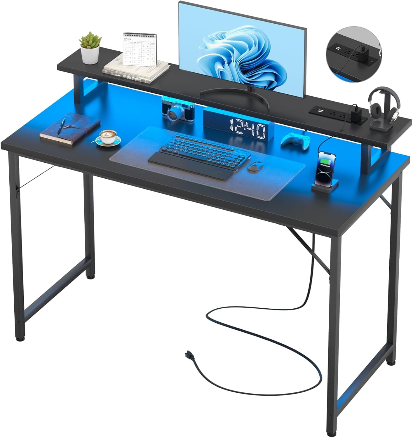 47 Inch Gaming Desk with Monitor Stand, Computer Desk Featuring USB ...