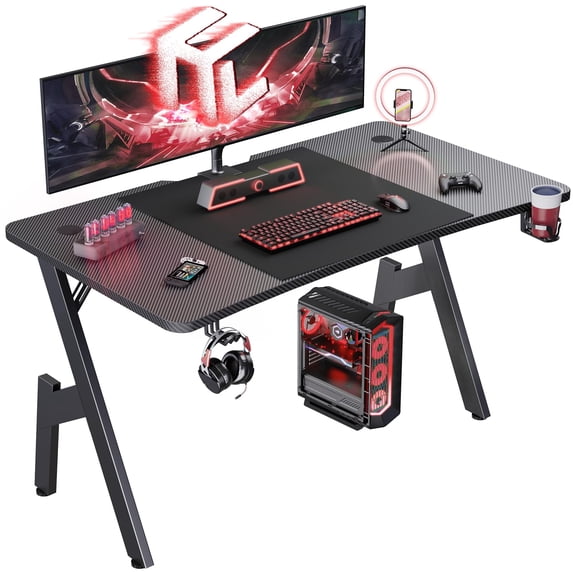 47-Inch Gaming Desk With Carbon Fiber Top, Cable Management, Cup Holder ...