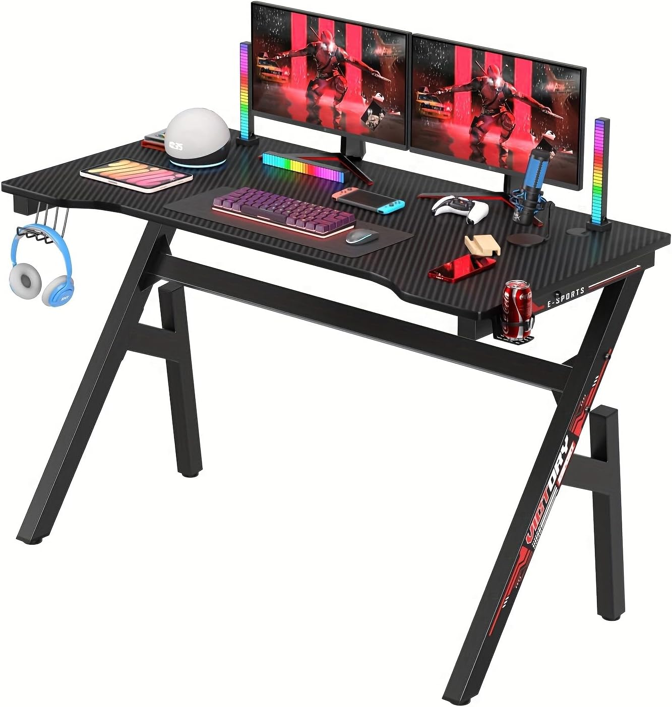 47 Inch Gaming Desk Wood Gaming Table Modern R-Shaped Computer Desk for ...