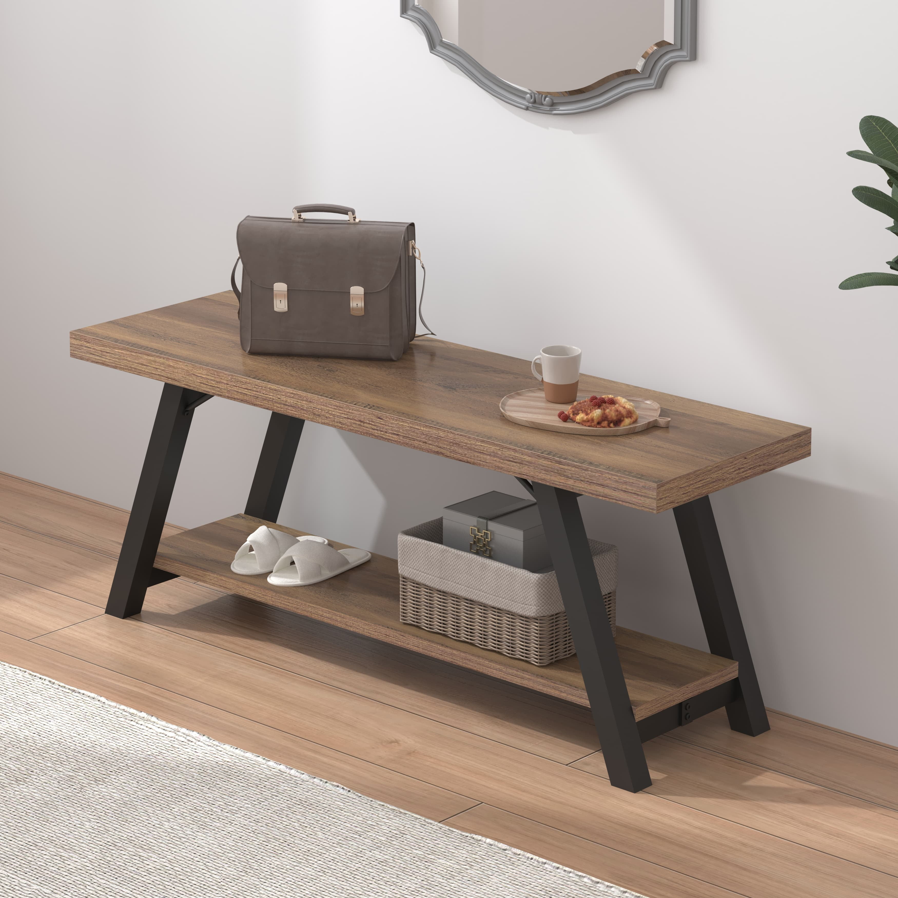 47 Inch Industrial Entryway Bench, Wood and Metal Storage Bench for ...